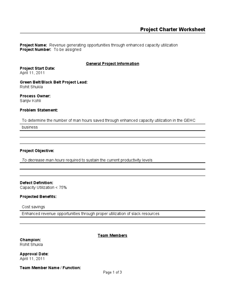 Project Charter Worksheet: To Decrease Man Hours Required To Sustain ...
