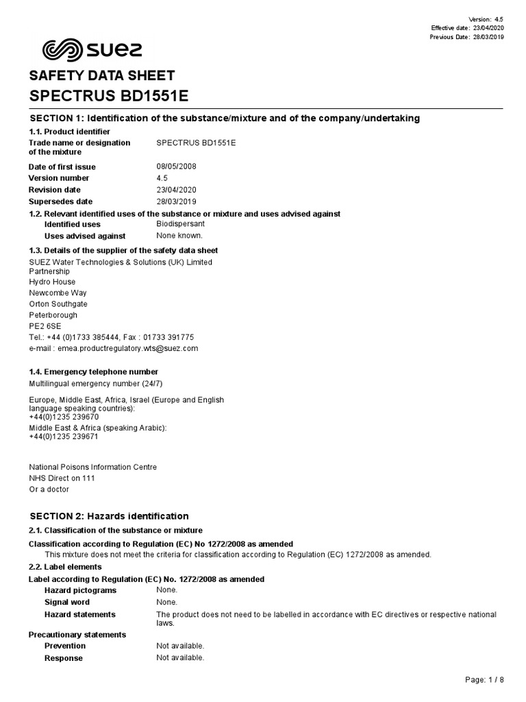 MSDS - Spectrus Bd1551e | PDF | Dangerous Goods | Toxicity
