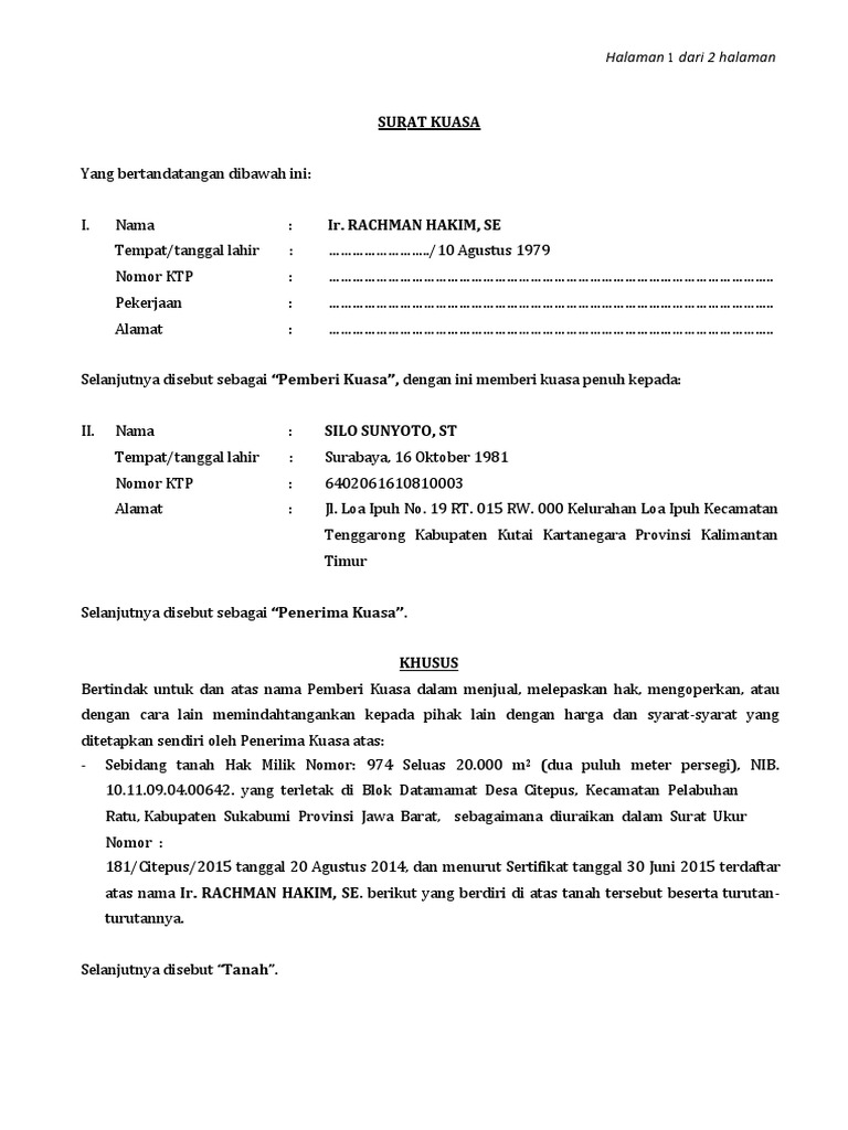 Surat Kuasa Menjaminkan SHM | PDF