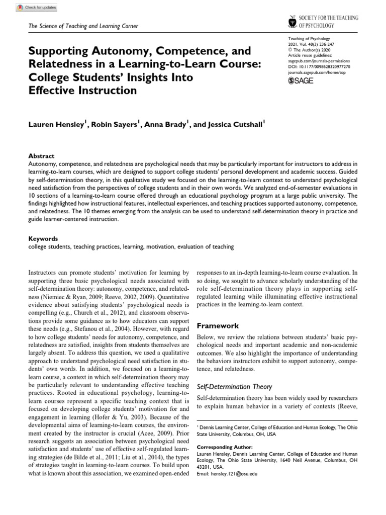 Supporting Autonomy, Competence, and Relatedness in A Learning-to-Learn ...