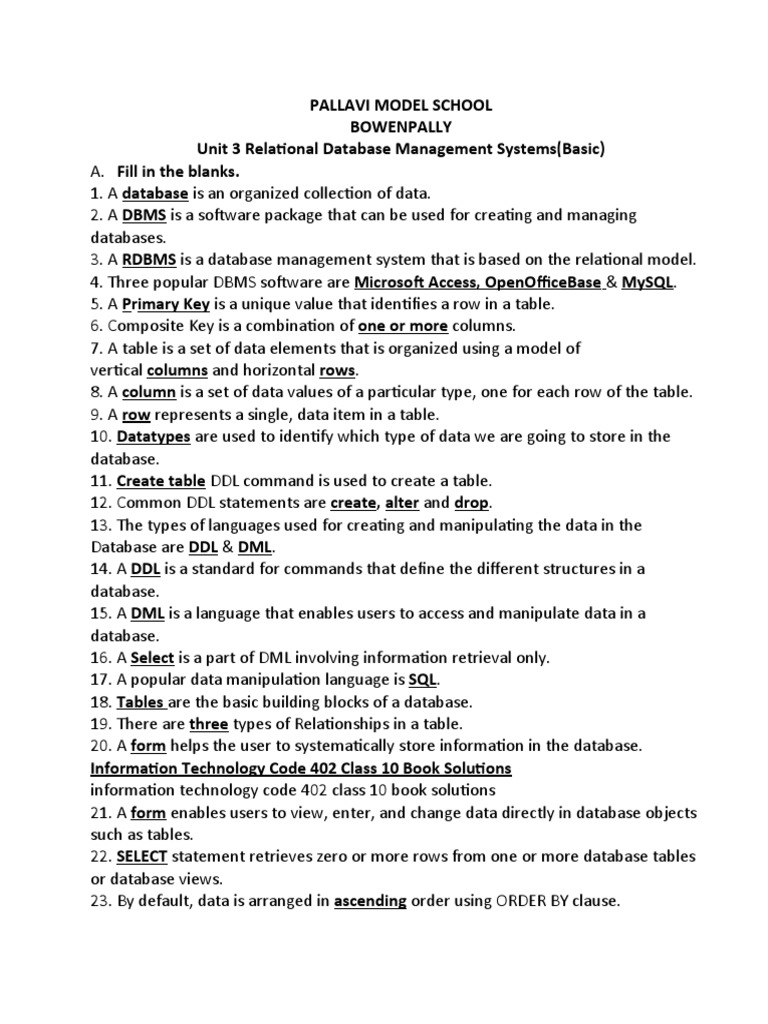 Pallavi Model School Bowenpally Unit 3 Relational Database Management ...