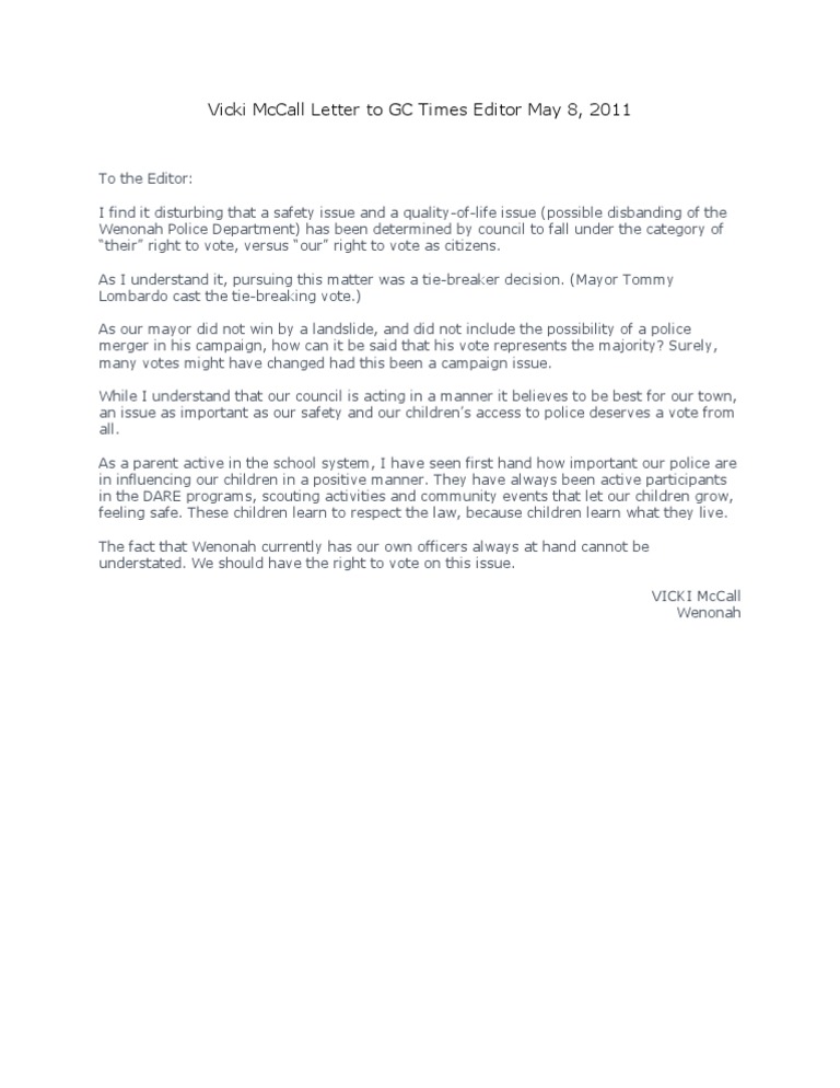 Vicki McCall Letter To GC Times Editor May 8 | PDF