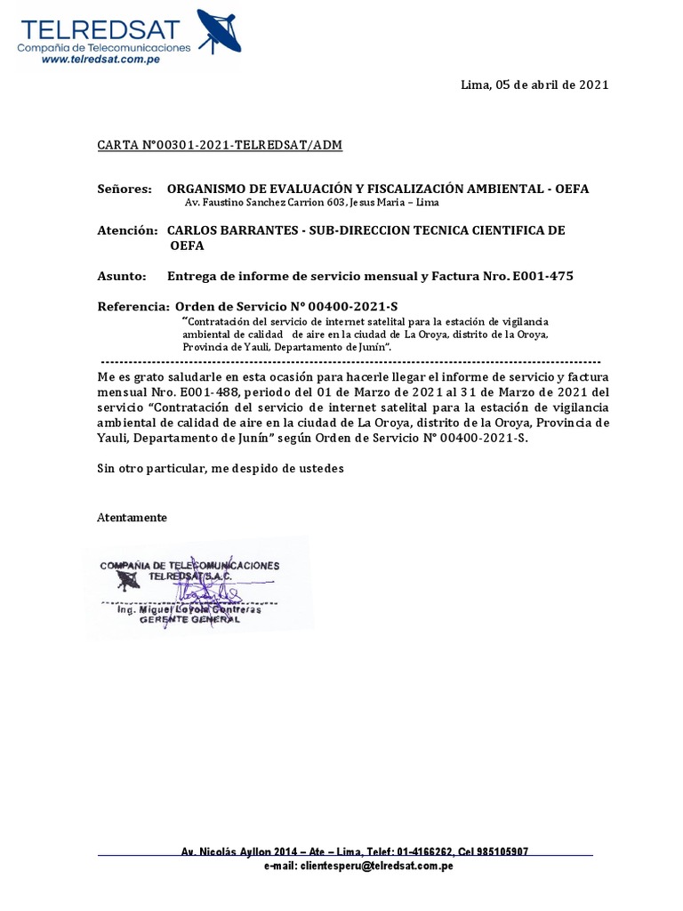 Carta N°00301-2021-Telredsatadm | PDF | Satélite de Comunicaciones | Equipo