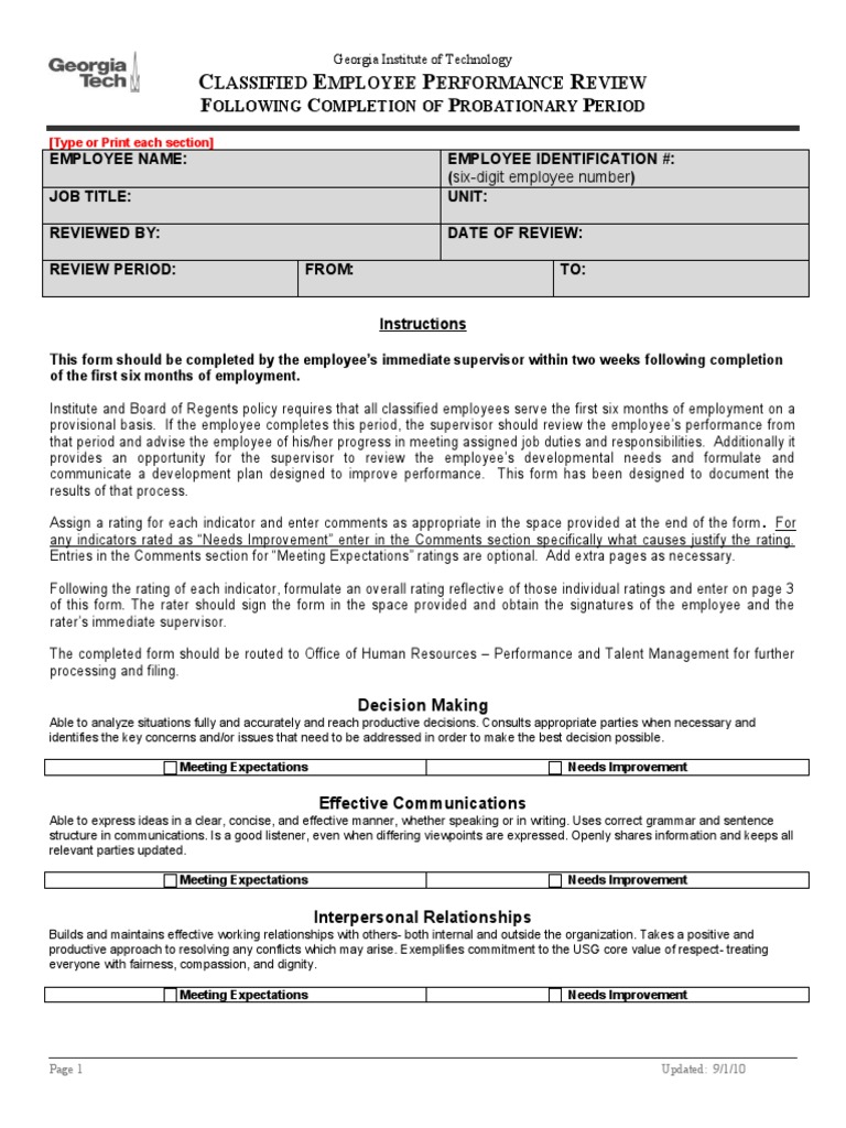 Probationary Review Following Completion of Probationary Period | PDF ...