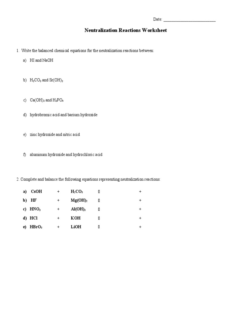 Neutralization Reactions Worksheet | PDF