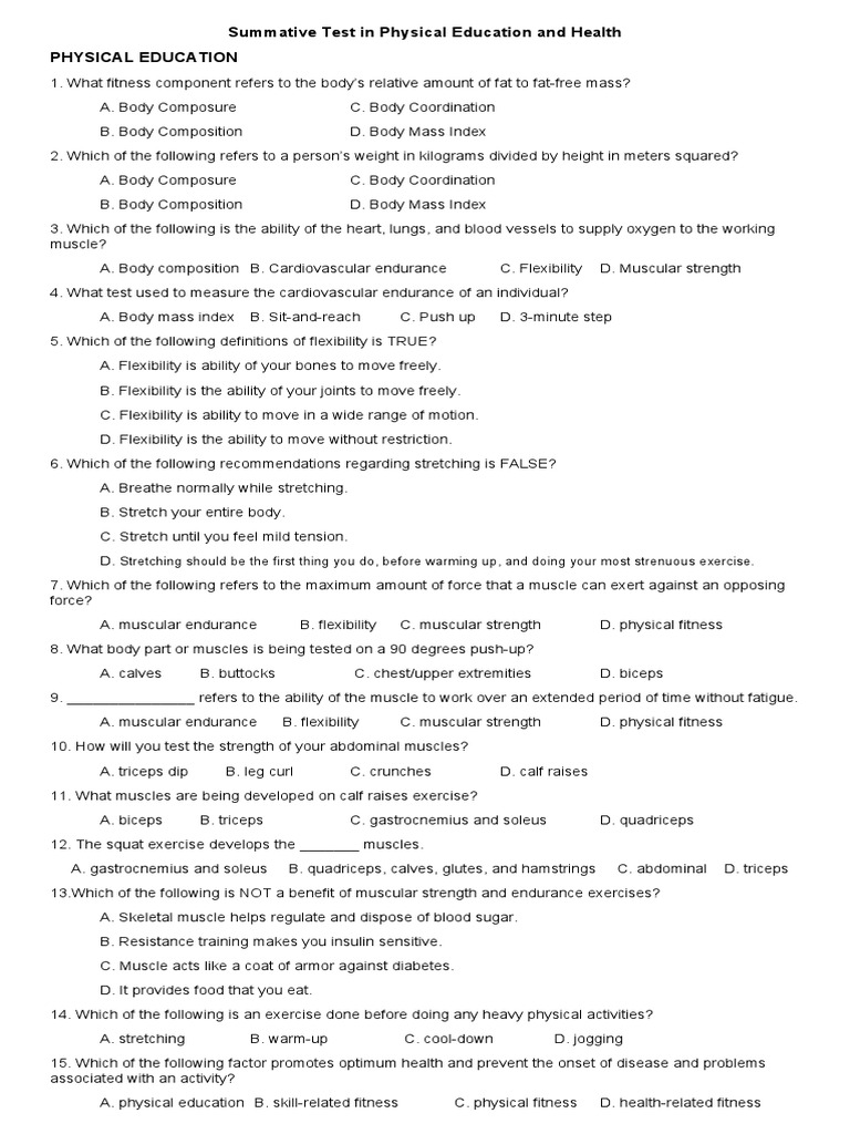 Summative Test in Physical Education and Health Physical Education ...