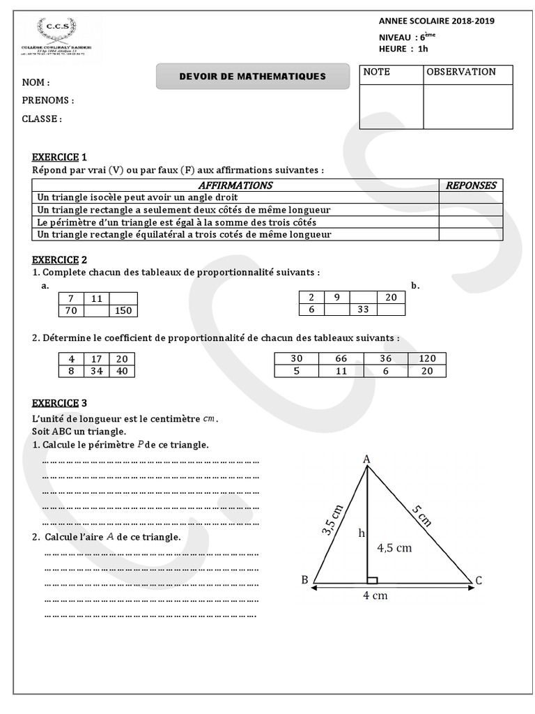 Devoir 6ème. 200 Copies | PDF | Triangle | Géométrie