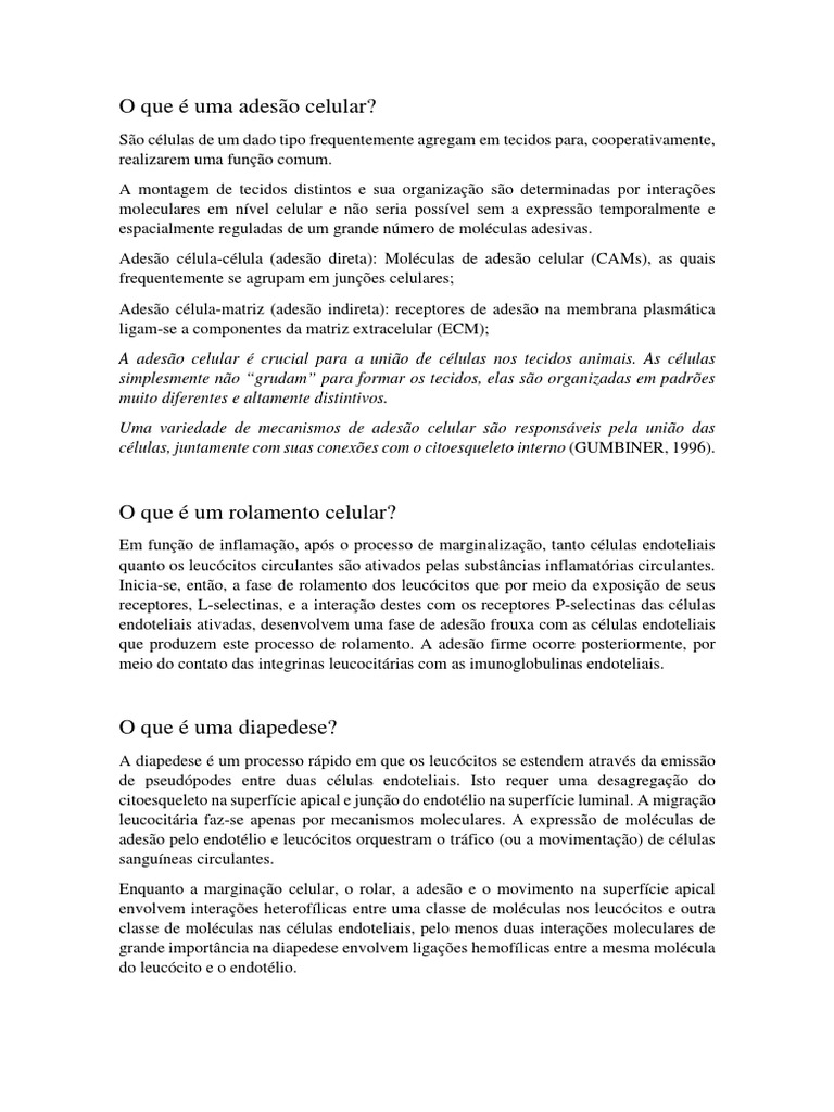adesão-rolamento-diapedese-quimiotaxia | PDF | Endotélio | Célula ...