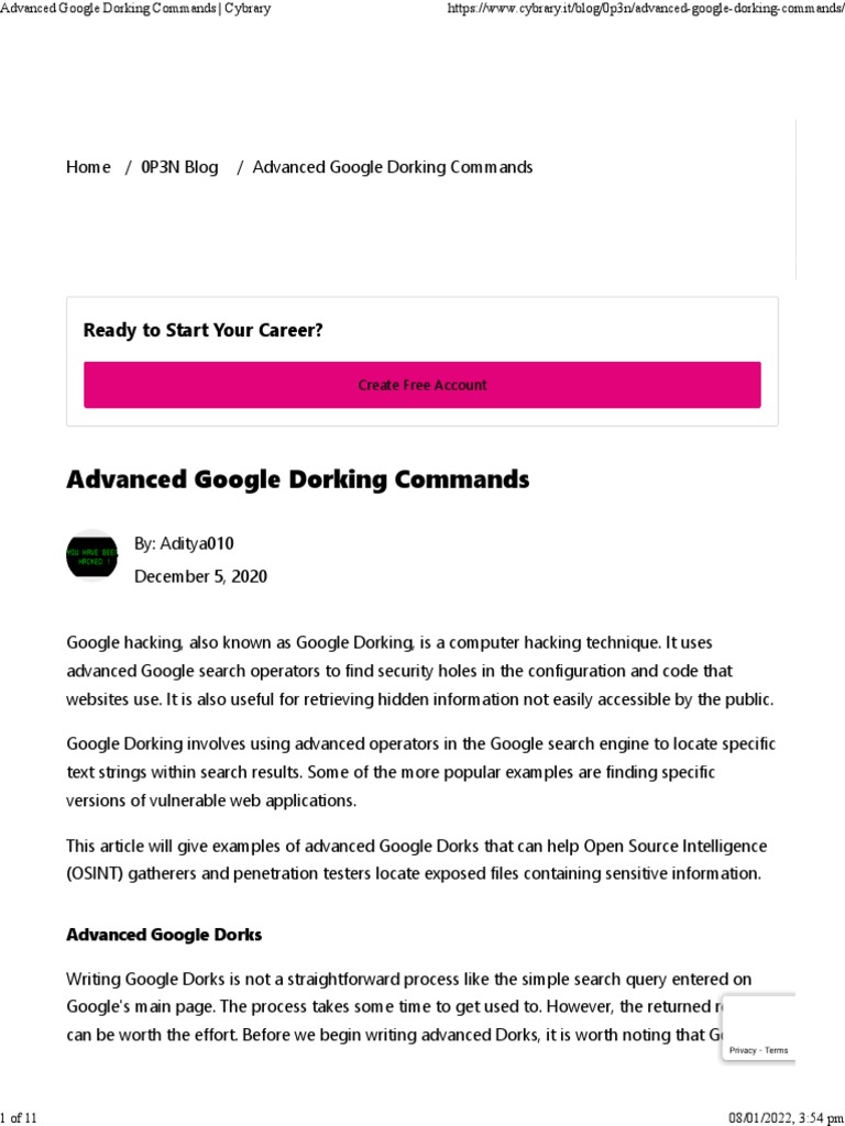 Advanced Google Dorking Commands Cybrary | PDF | Computer Security ...