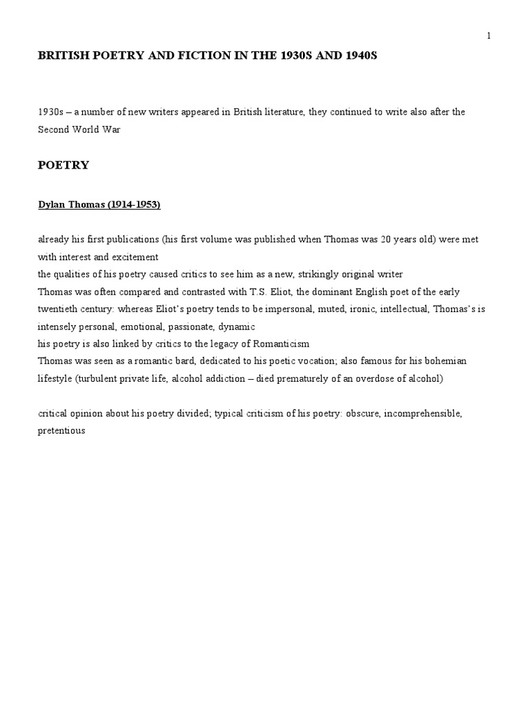 Poetry and Fiction of The 1930s and 1940s | PDF | Poetry | Novels