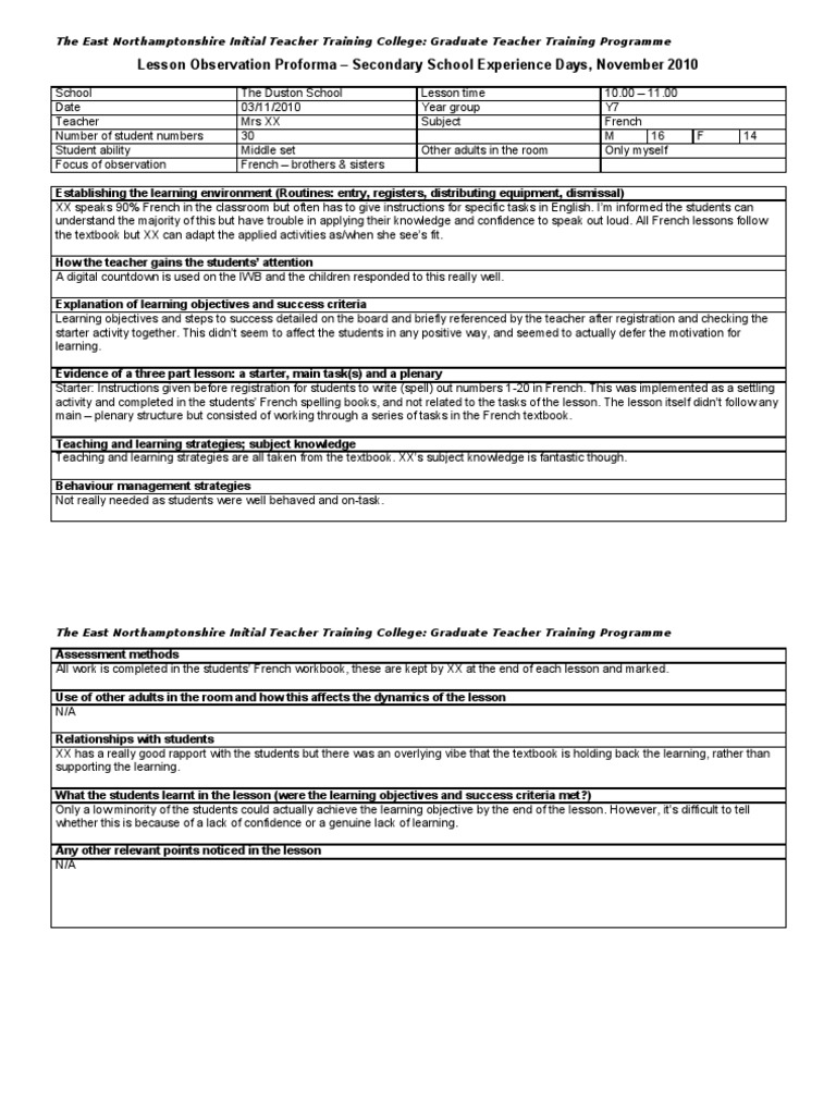 Duston School French Lesson Observation | PDF | Teacher Education ...