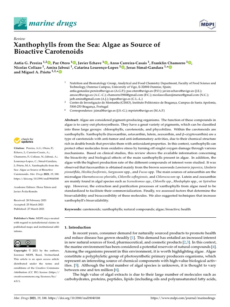 Marine Drugs: Xanthophylls From The Sea: Algae As Source of Bioactive Carotenoids | PDF | Algae ...
