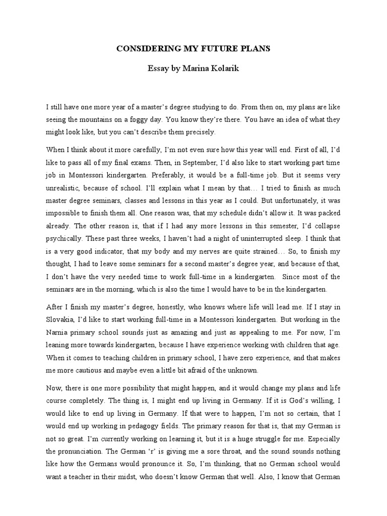Considering My Future Plans: Essay by Marina Kolarik | PDF
