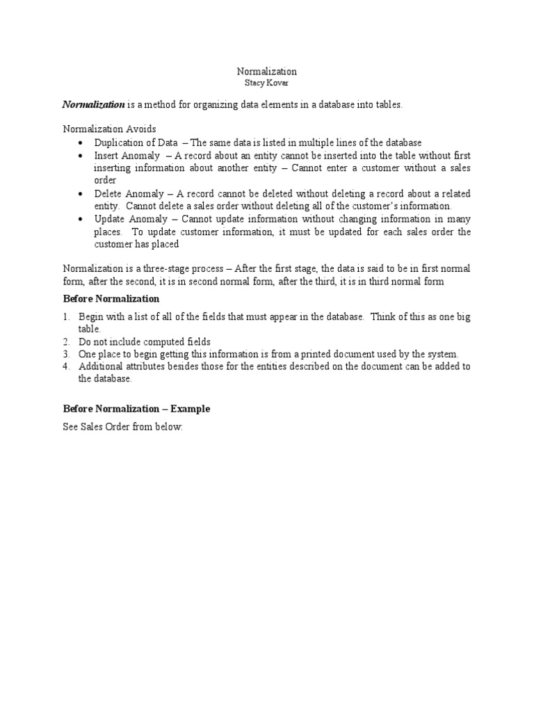 Normalization Is A Method For Organizing Data Elements In A Database Into Tables Pdf 