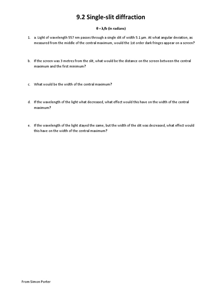 9.2 Single-Slit Diffraction Questions Porter | PDF