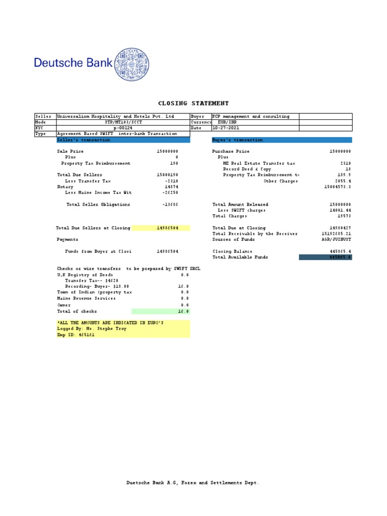 Real Estate Sale and Purchase Agreement Closing Statement Between ...