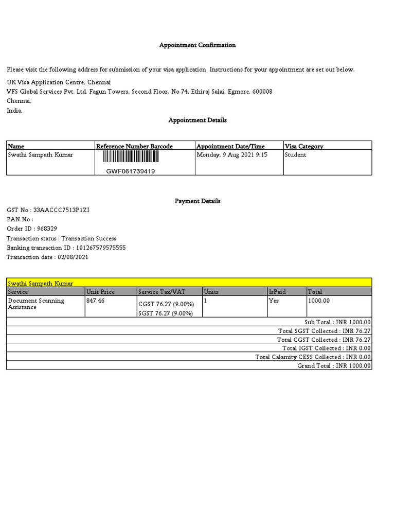 UK Student Visa Application Appointment Details for Swathi Sampath Kumar | PDF
