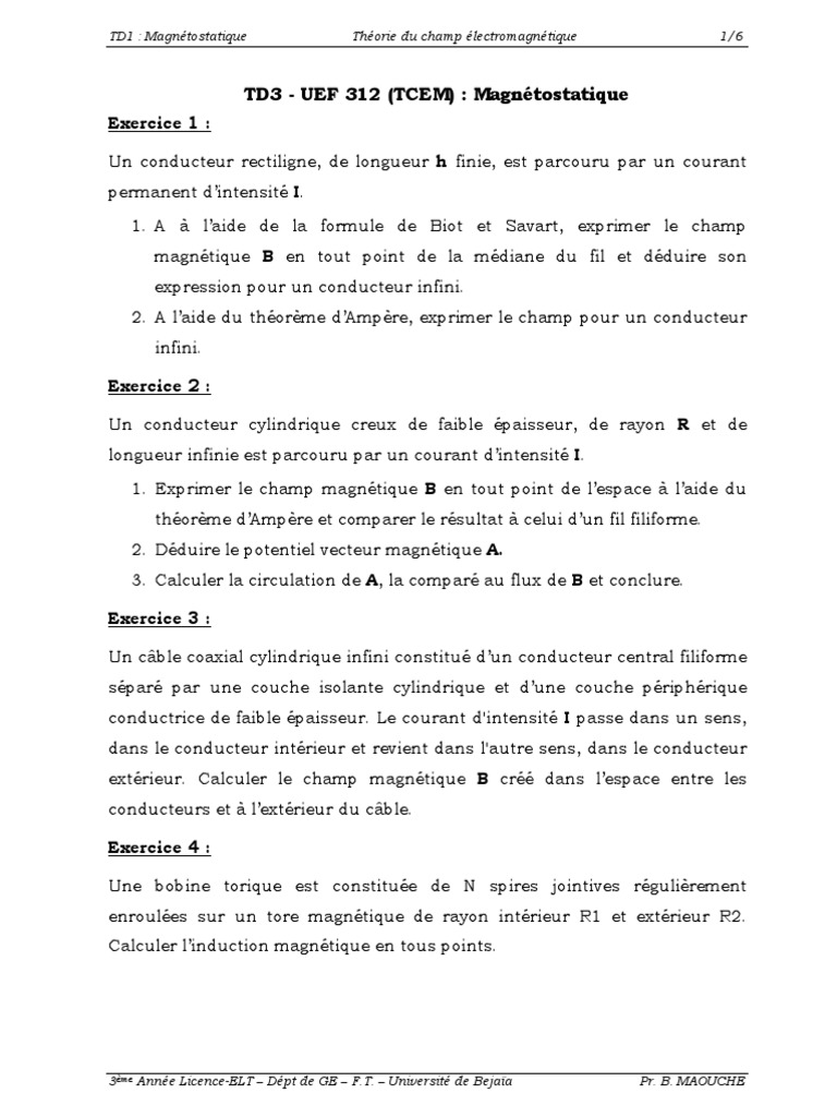 Exercices de magnétostatique en électromagnétisme | PDF | Champ ...