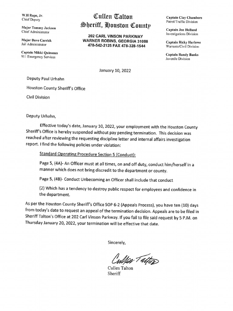 Letter From Houston County Sheriff To Deputy | PDF