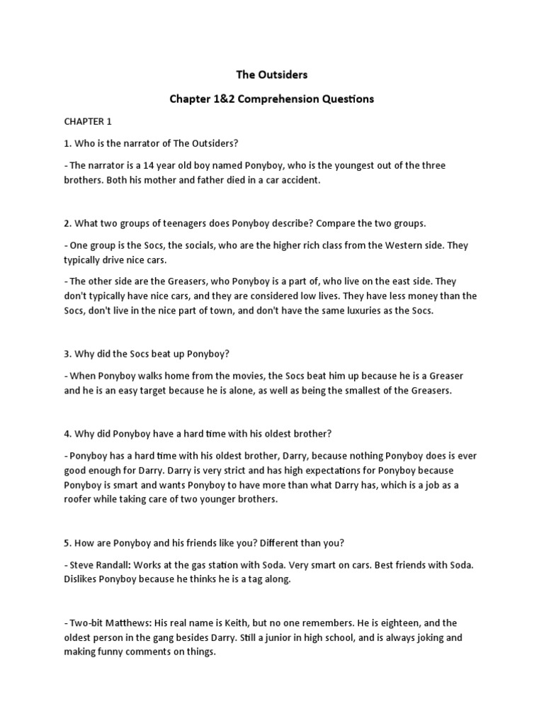 The Outsiders Comp Ques CH 1 and 2 | PDF | Mystery, Thriller & Crime ...
