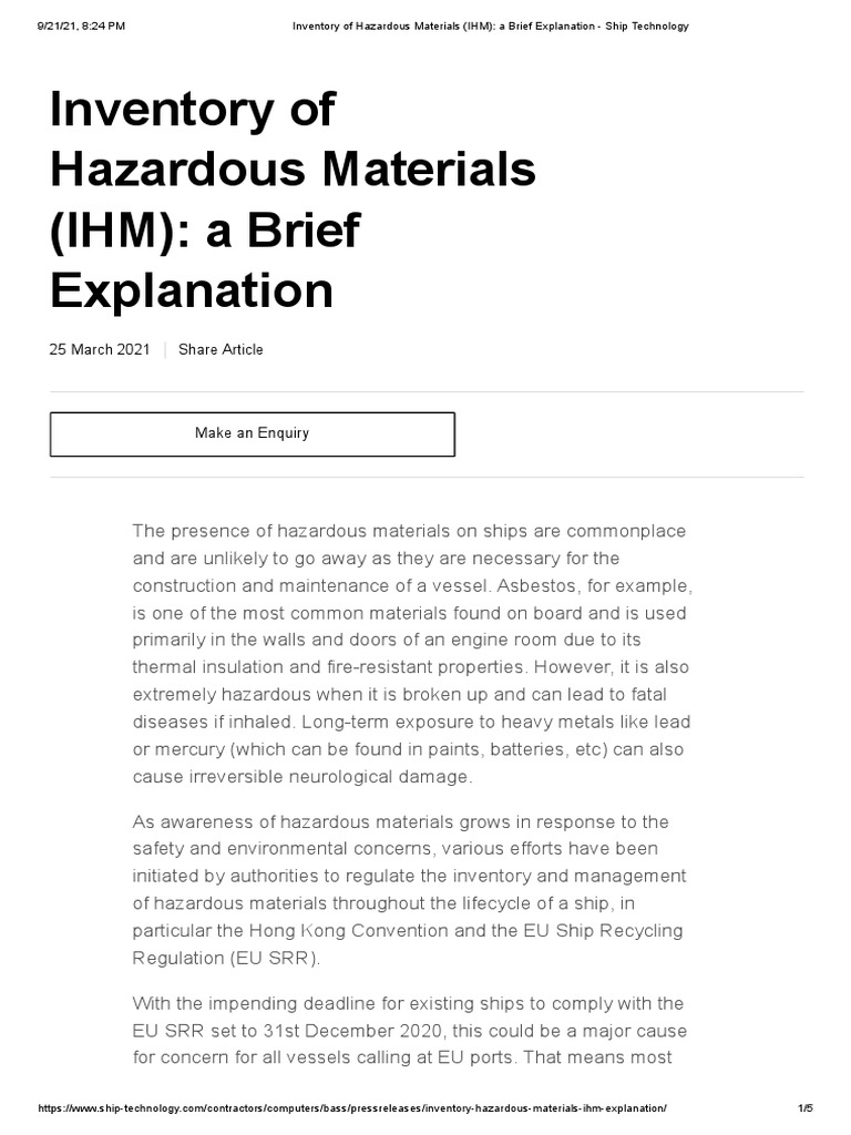 Inventory of Hazardous Materials (IHM) - A Brief Explanation - Ship Technology | PDF | Safety