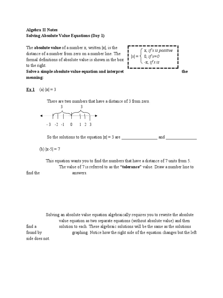 Solving Absolute Value Equations Notes (Day 1) | PDF | Equations | Numbers