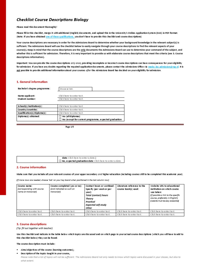 Checklist Course Descriptions Biology: 1. General Information | PDF ...