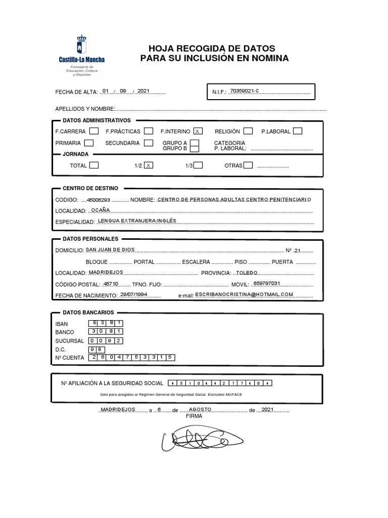 Hoja Recogida de Datos | PDF