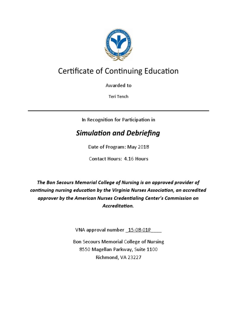 Ce Certificate Simulation and Debriefing | PDF