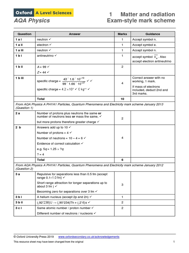 AQA Physics: 1 Matter and Radiation Exam-Style Mark Scheme | PDF ...