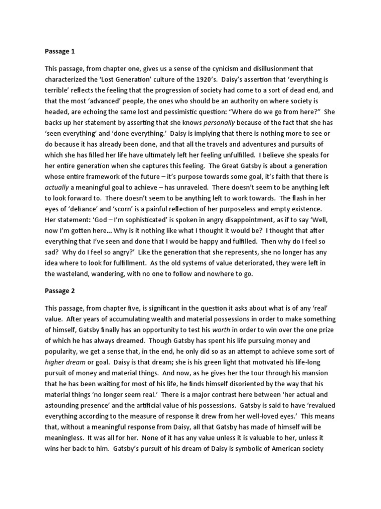 Passage Analyses | PDF | Love | The Great Gatsby