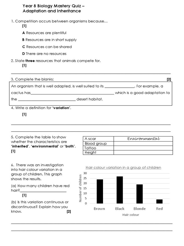 Year 8 Quiz: Adaptation & Inheritance | PDF | Cell (Biology) | Life ...