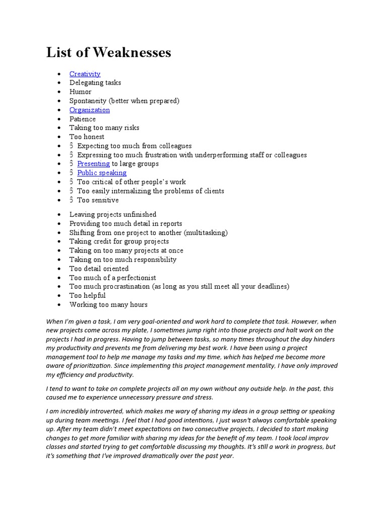 List of Weaknesses: Creativity | PDF | Creativity | Cognitive Science