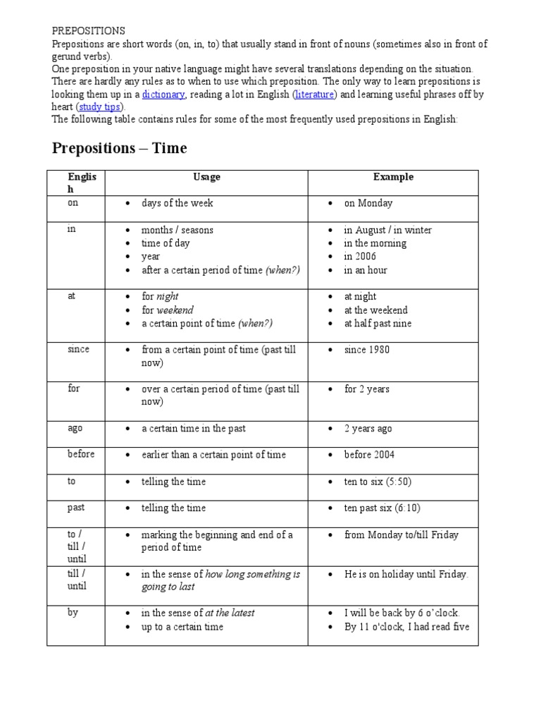 Prepositions - Time: Dictionary Literature Study Tips | PDF | Preposition And Postposition ...