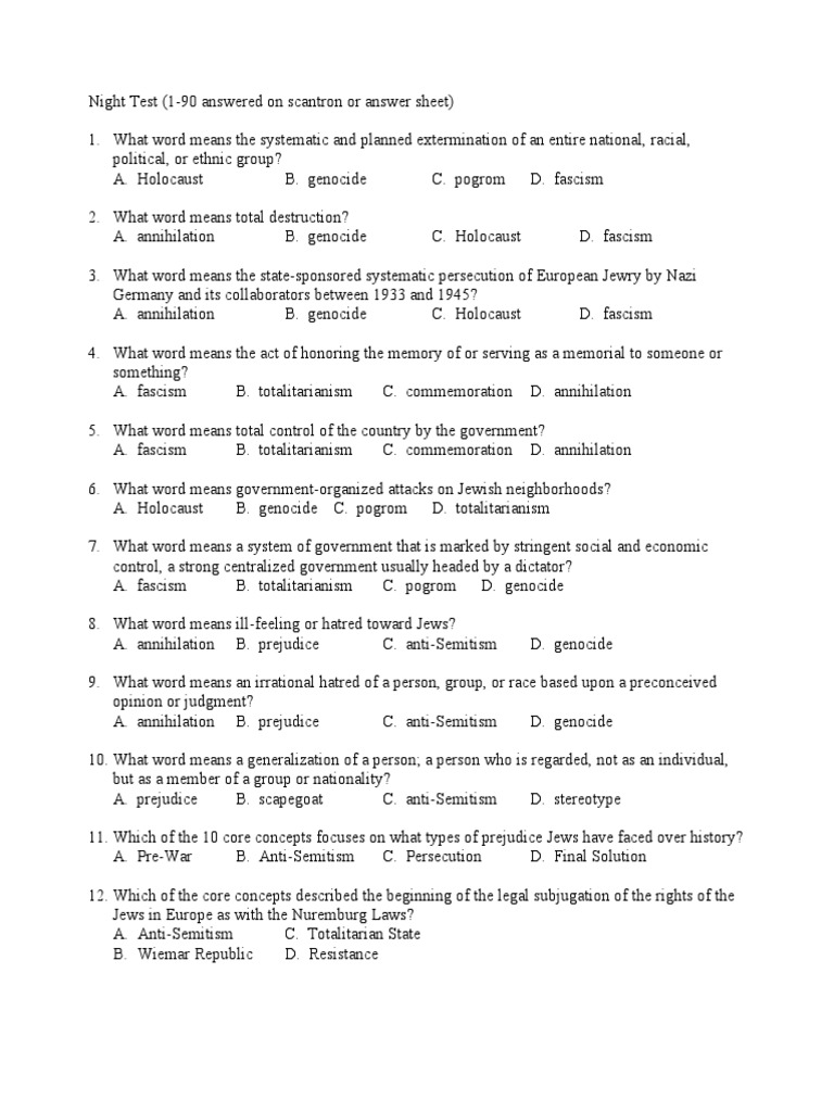 Night Test: Multiple Choice Questions on Key People, Places, Events and ...