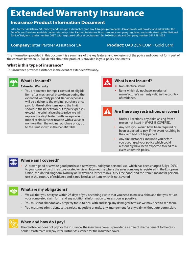 Extended Warranty Insurance: Insurance Product Information Document ...