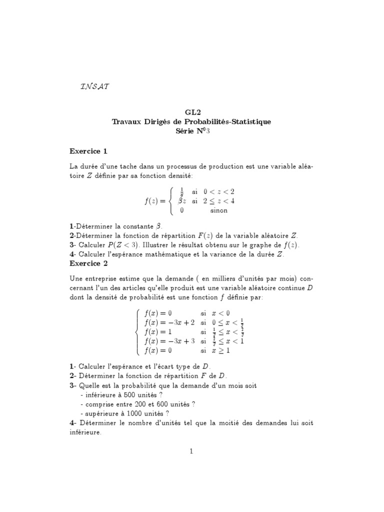 TD3 Proba | PDF | Variable aléatoire à densité | Probabilité