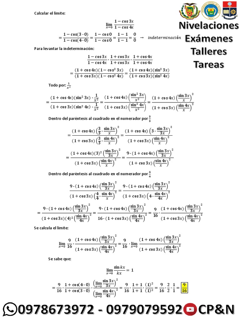 Calcular el límite: lim┬ (x→0) ⁡〖 (1-cos⁡3x) / (1-cos⁡4x) 〗 | PDF ...