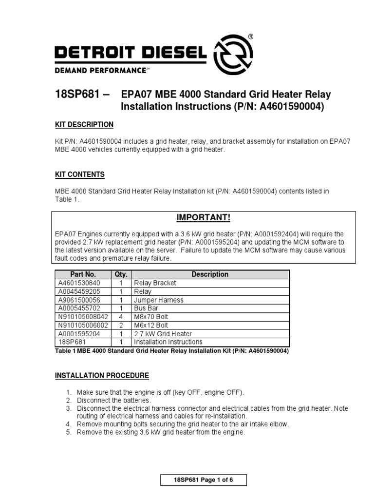 EPA07 MBE 4000 Standard Grid Heater Relay Installation Instructions ...
