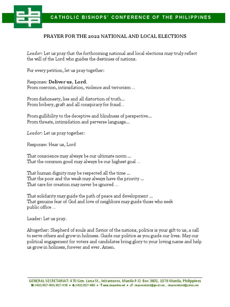 CBCP Prayer for Elections | PDF | Prayer | Religious Behaviour And ...