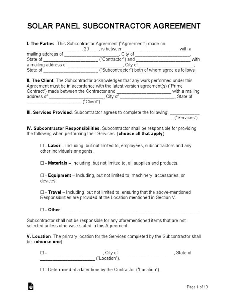 Solar Panel Subcontractor Agreement: Page 1 of 10 | PDF | Indemnity ...