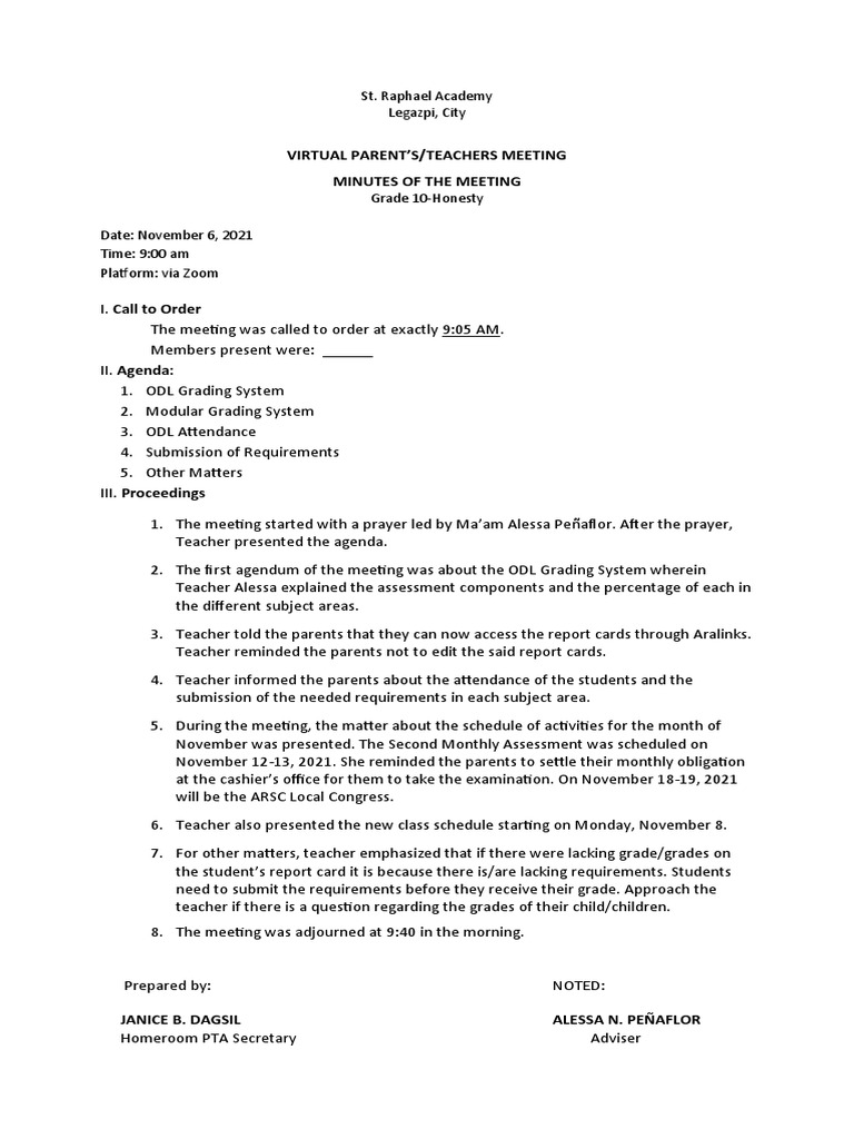 Virtual Parent'S/Teachers Meeting Minutes of The Meeting: St. Raphael ...