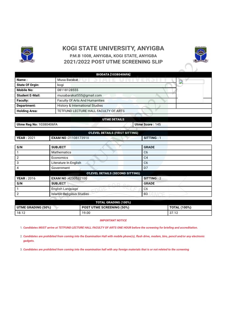 KOGI STATE UNIVERSITY POST UTME SCREENING SLIP | PDF | Educational ...