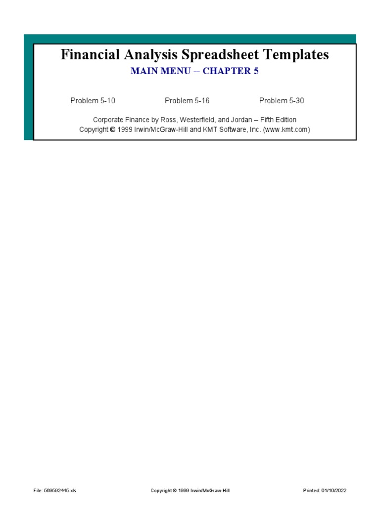 Financial Analysis Spreadsheet Templates: Main Menu - Chapter 5 | PDF ...