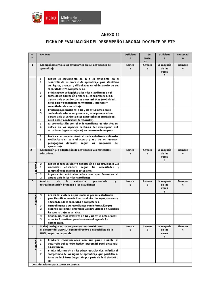 Anexo 14 Ficha de Evaluacion Del Desempeno Laboral Docente de Etp | PDF | Aprendizaje | Evaluación