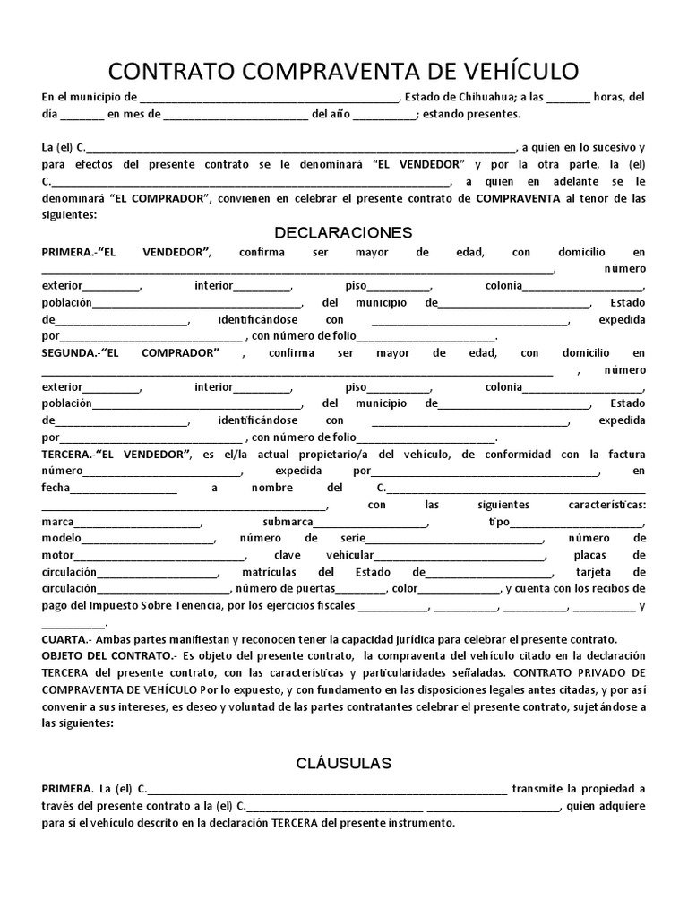 Formato Compraventa de Auto | PDF | Conceptos legales | Derecho civil ...