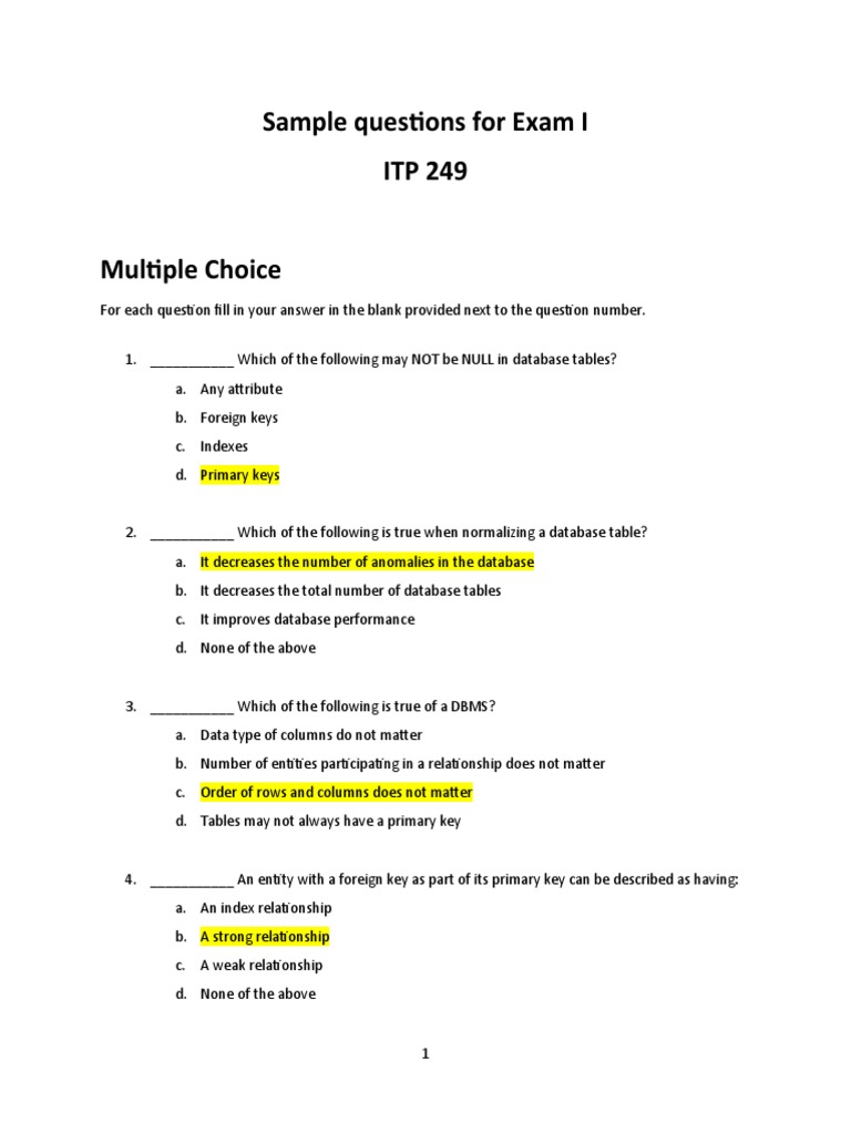 Exam I Sample Questions | PDF | Databases | Database Index