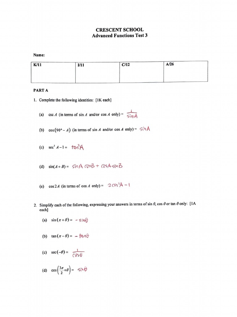 Advanced Functions Test 3 Solutions | PDF | Trigonometric Functions ...