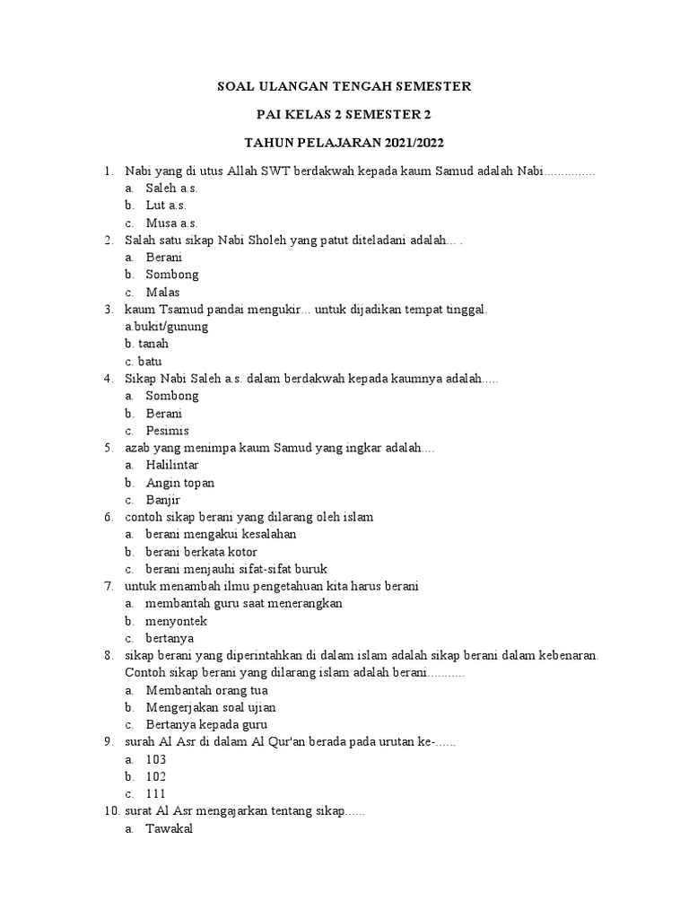 Soal Uts Pai KLS 2 | PDF