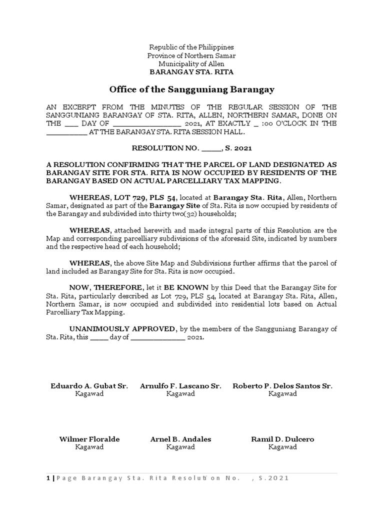 Office of The Sangguniang Barangay: Page Barangay Sta. Rita Resolution ...